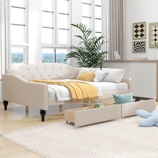 Full Size Upholstered Tufted Daybed with Two Drawers, Beige - Bed Bath ...