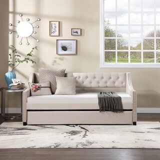 Full Size Upholstered Tufted Daybed with Trundle, Button, Copper Nail ...