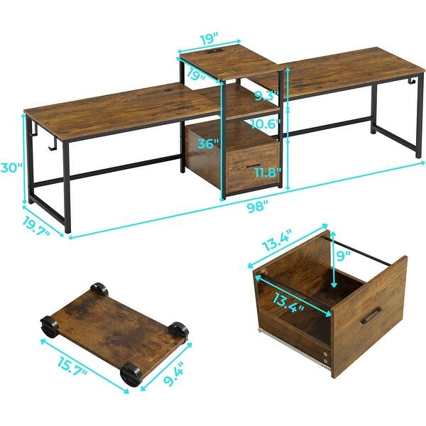 2 Person Computer Desk with Letter/A4 File Drawer Power Strip - Bed ...
