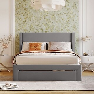 Grey Full Size Bed Velvet Upholstered Platform Bed with a Big Drawer ...
