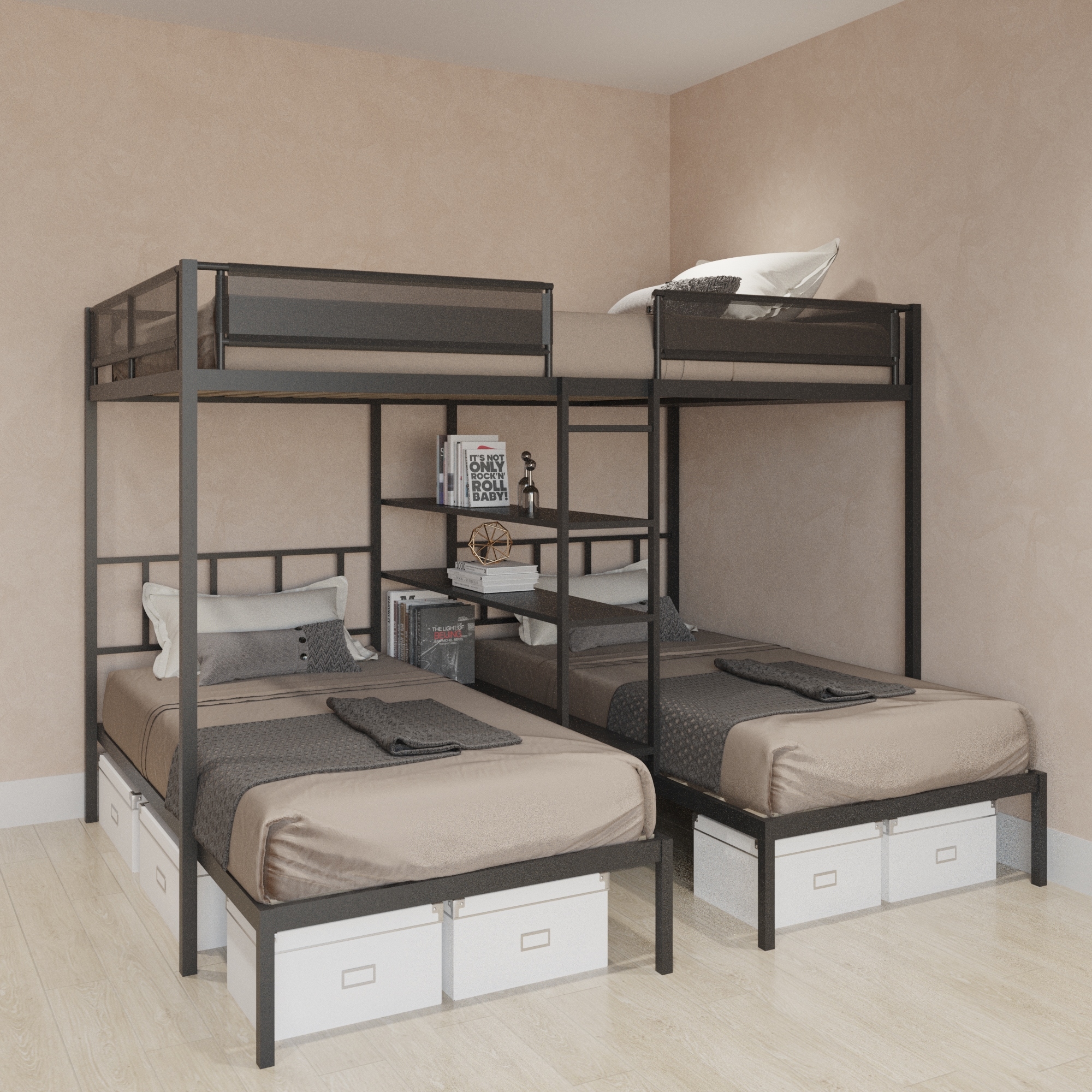 Twin over Full Bunk Bed with Twin Size Trundle and Solid Wood Slats ...