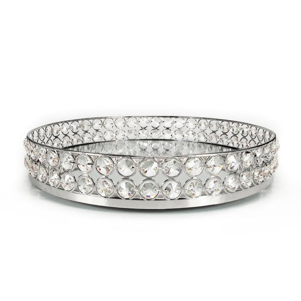 Silver Luxury Crystal Bead Round Metal Mirror Decorative Tray Serving ...