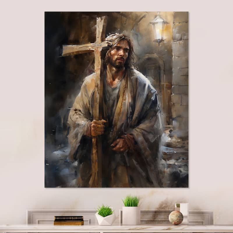 Designart "Jesus With Cross III" Religious Landscape Metal Wall Art ...