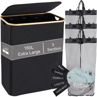 Black Hampers for Laundry, 160L Extra Large Laundry Basket Bamboo, 3 ...