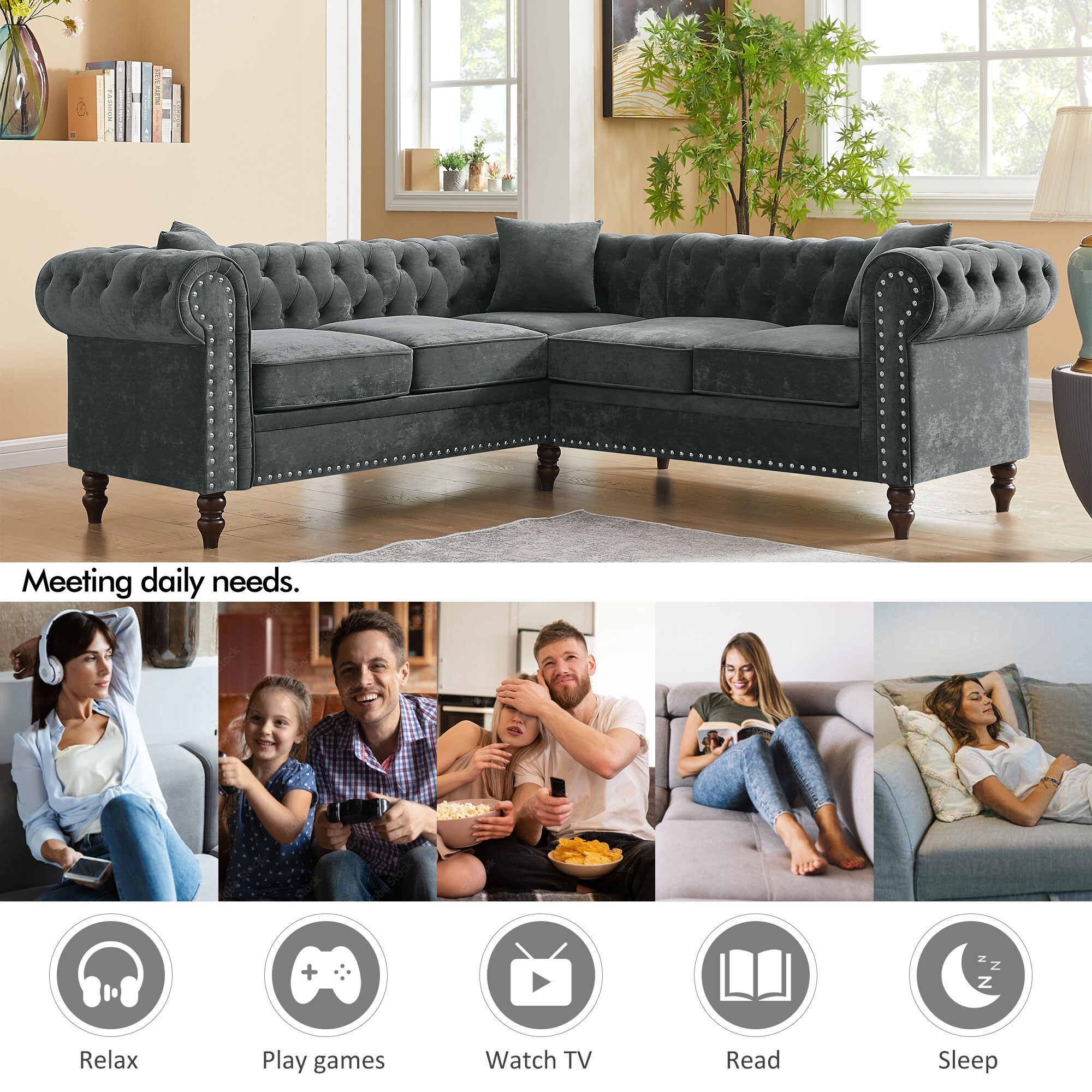 Beige Velvet Sectional Sofa w/ Nailhead Arm, Chesterfield L-shape Sofa ...