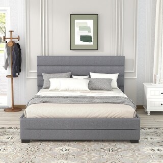 Linen Upholstered Platform Bed w/ Headboard & Wood Slat Support, Grey ...
