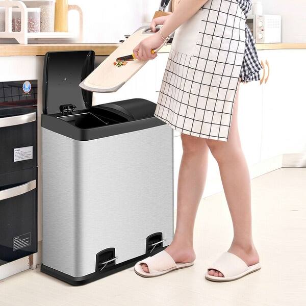 Large 16-Gallon Dual Compartment Kitchen Trash Can with Foot Pedal Open ...