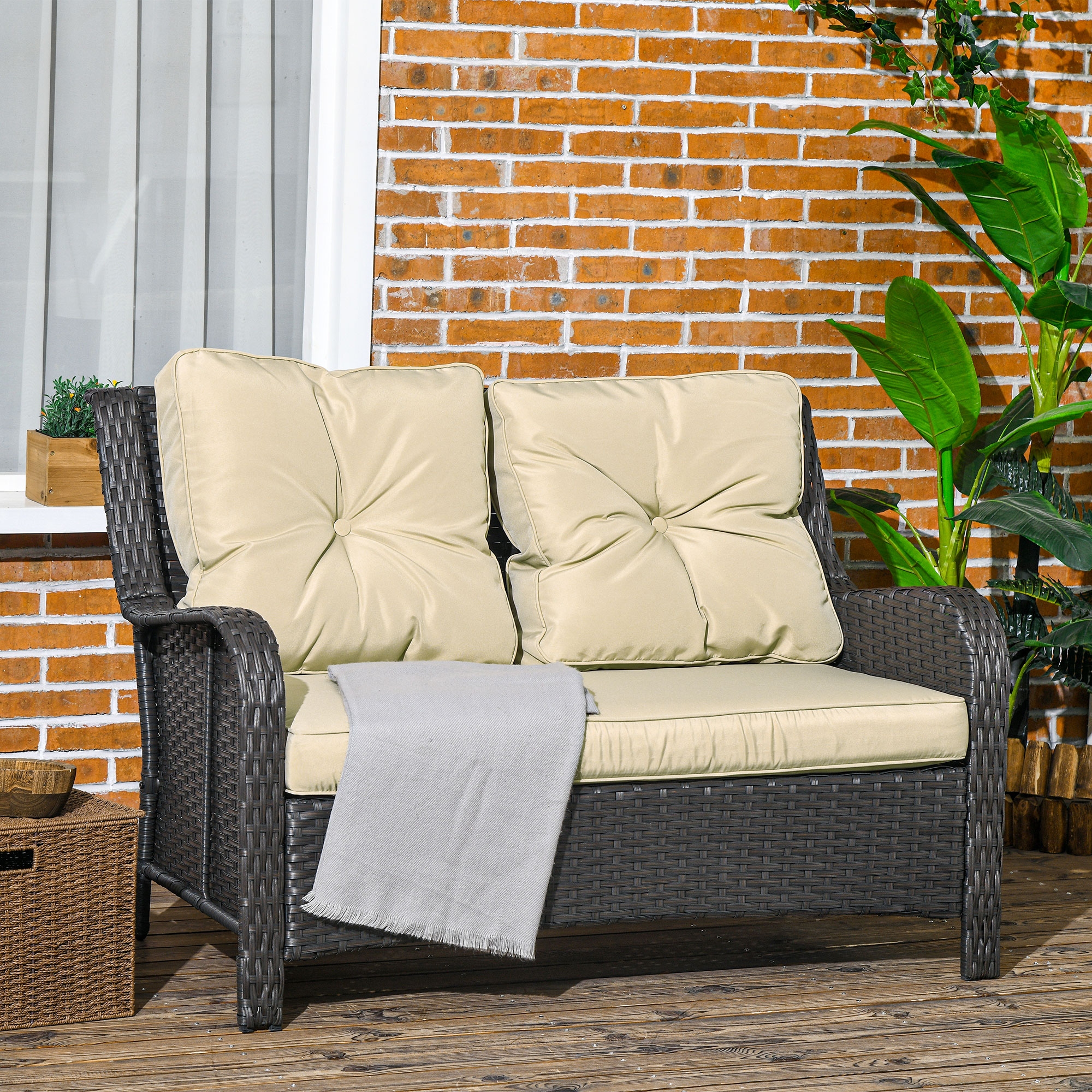 Outsunny 2 Seater Outdoor Sofa with 4 Thick Padded Cushions PE Rattan Patio Outdoor Couch with Curved Armrests for Sunroom