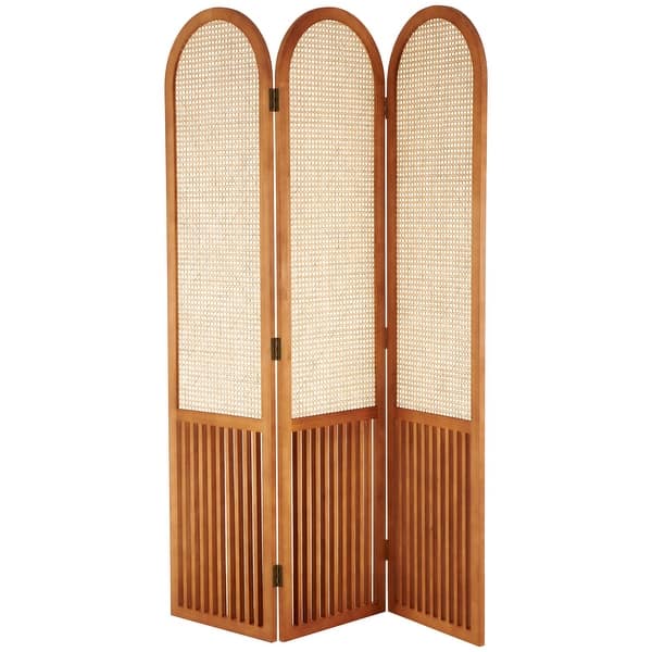 Brown Wood Arched 3 Panel Room Divider Screen with Slatted Wood Base ...