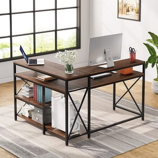 Reversible L Shaped Computer Desk, 53 Inch Corner Desk with Shelves ...