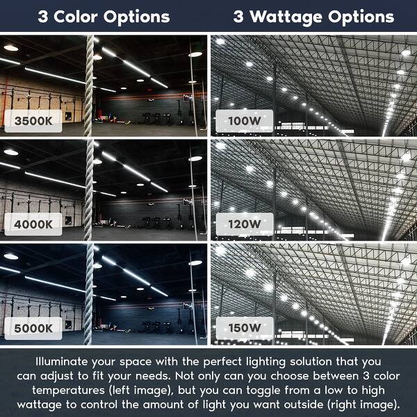 Luxrite 100/120/150W UFO High Bay LED Shop Lights, Up to 22500 Lumens, 3CCT, 5FT Hardwire Cable ...