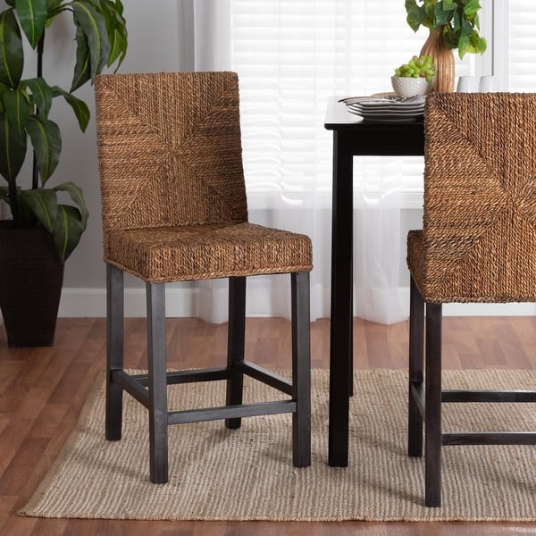 Laymi Modern Bohemian Dark Brown Mahogany Wood and Seagrass Counter ...