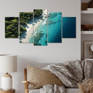 Designart "Relaxing Beach Aerial View IV" Green Coastal Beach Set Of 5 ...