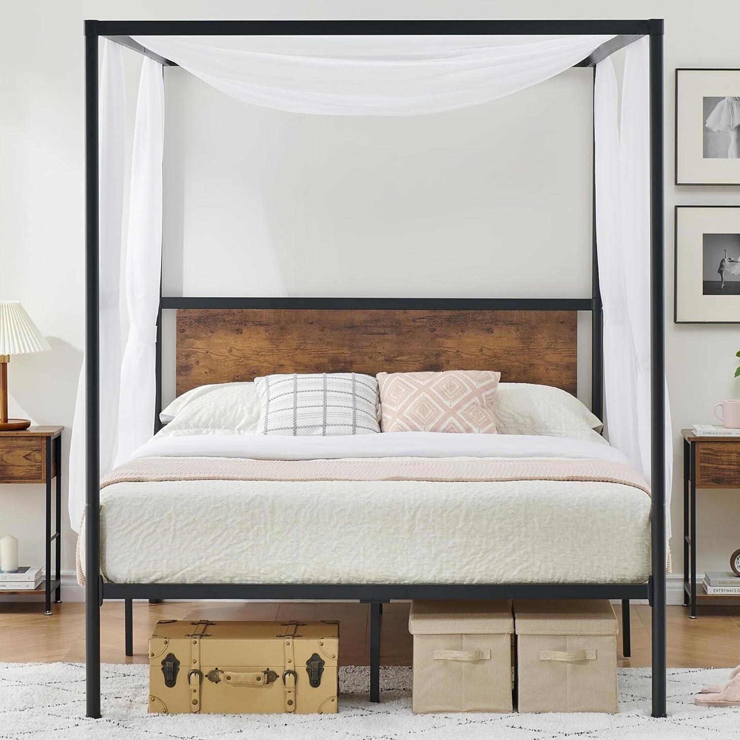 Canopy Bed Frame, Four-Poster Platform Metal Bed Frame with Storage ...
