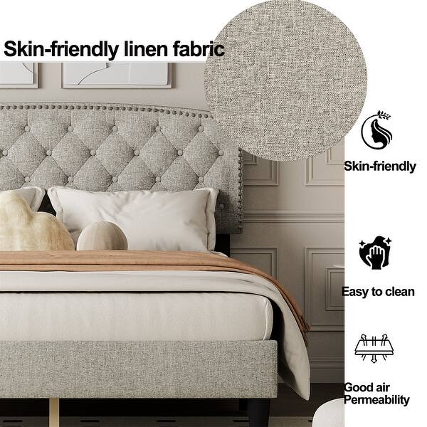 King size Adjustable Headboard with Fine Linen Upholstery and Button ...