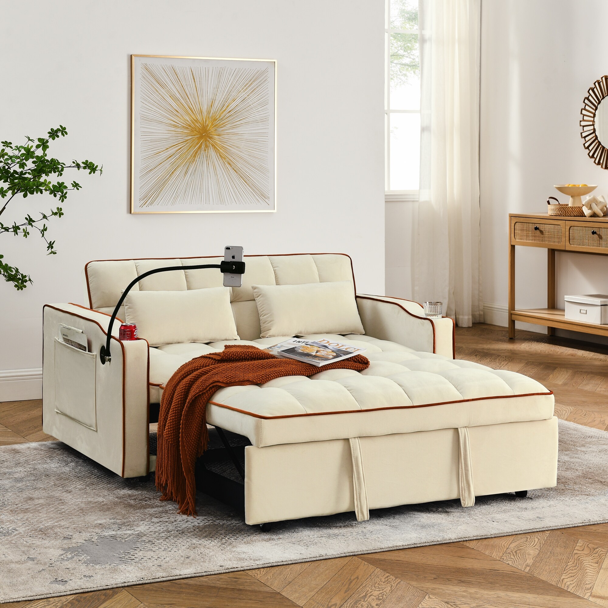 Dual Purpose Sofa Bed with Built in USB Charging Port Foldable Design for Compact Living Spaces Velvet Fabric