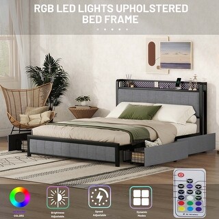 Queen Bed Frame Light Gray Platform Bed with LED Headboard, 4 Storage ...