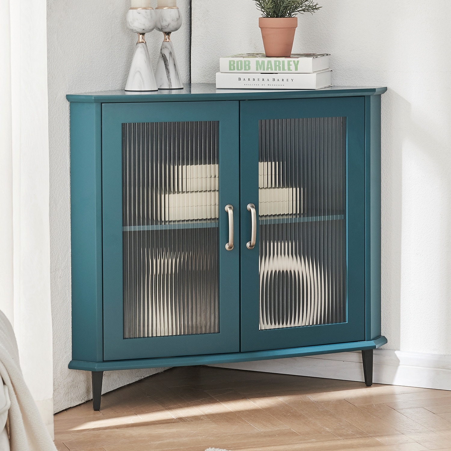 Freestanding Wood Corner Cabinet with Glass Doors Teal Blue