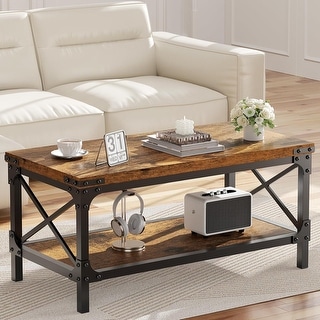 Wood Rectangular Coffee Table, 2-Tier Industrial Modern Design, 40 ...