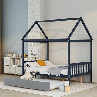 Blue Full Size Wood House Bed with Twin Trundle, 79.5''L*57''W*87.7''H ...