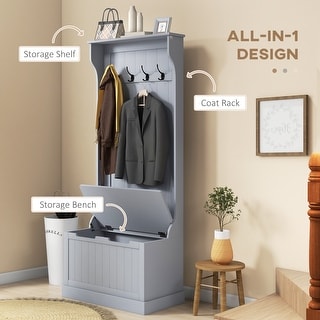 Gray 28" Entryway Storage Bench with Coat Rack, 3-In-1 Hall Tree with ...