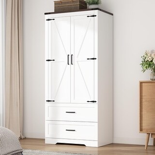2-Door Wooden Wardrobe with Shelves and Hanging Rod, Farmhouse Style ...