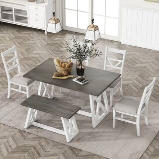 Farmhouse 6-Piece Wood Dining Table Set with Cross Legs, Kitchen Set with 4 Upholstered Dining ...