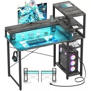 Gaming Desk Computer Desk Home Office Power Outlets & RGB Lights Gray ...