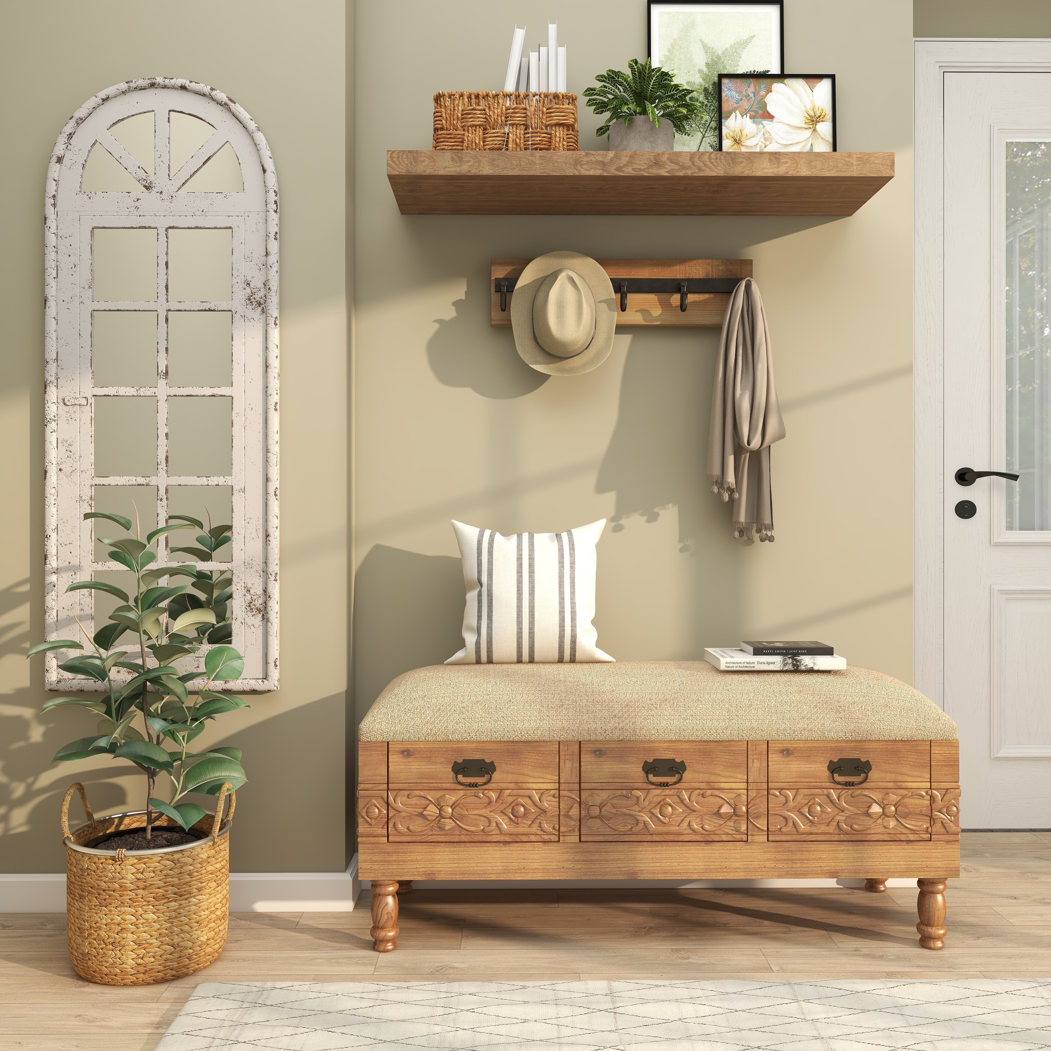 Wood Bench with Drawers