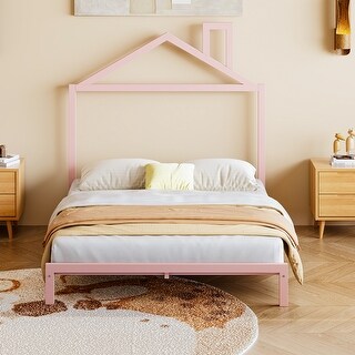 Pink Metal Bed with House-shaped Headboard - Full Size Low Profile Bed ...