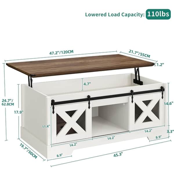 Moasis Lift Top Coffee Table with Hidden Storage and Shelves Farmhouse ...
