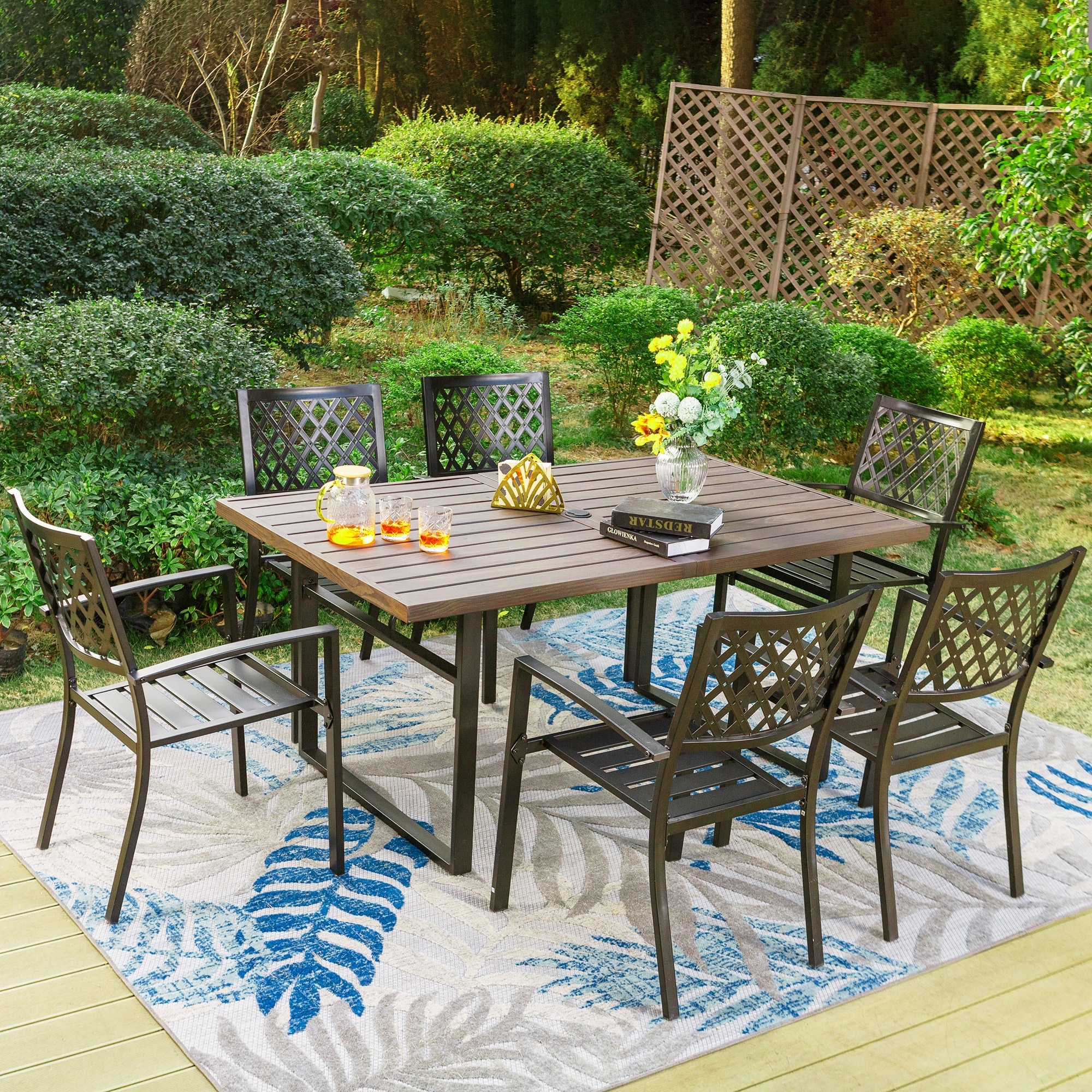 MAISON ARTS Patio Dining Set of 7 with Metal U Shaped Leg Rectangular Dining Table and Metal Dining Chairs Fixed Chairs