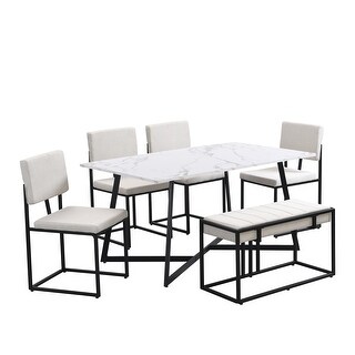 6pcs Dining Set w/Triangular Trestle Table, 4 Chairs & Bench, Black ...