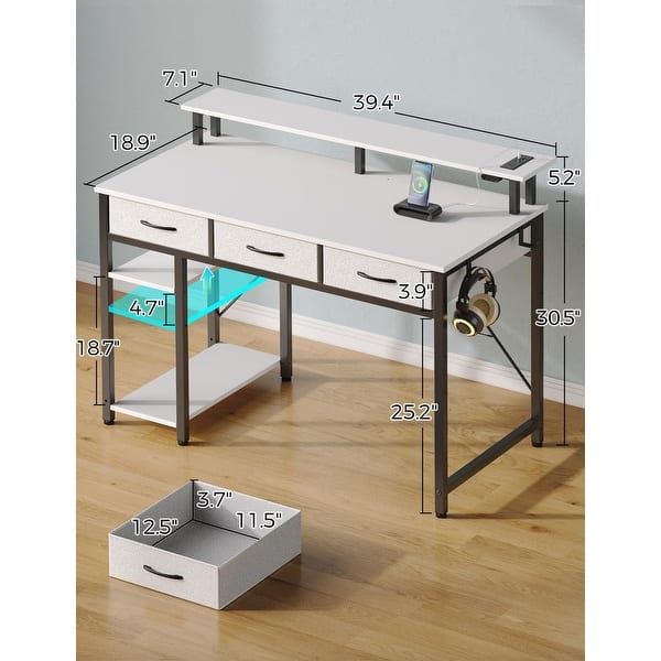 Computer Desk with Power Outlets & LED Light, 39" Home Office Desk with ...