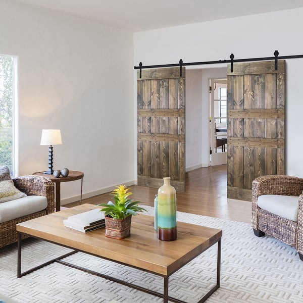Paneled Wood Dark Brown Barn Door with Hardware Kit-Double Door - Bed ...