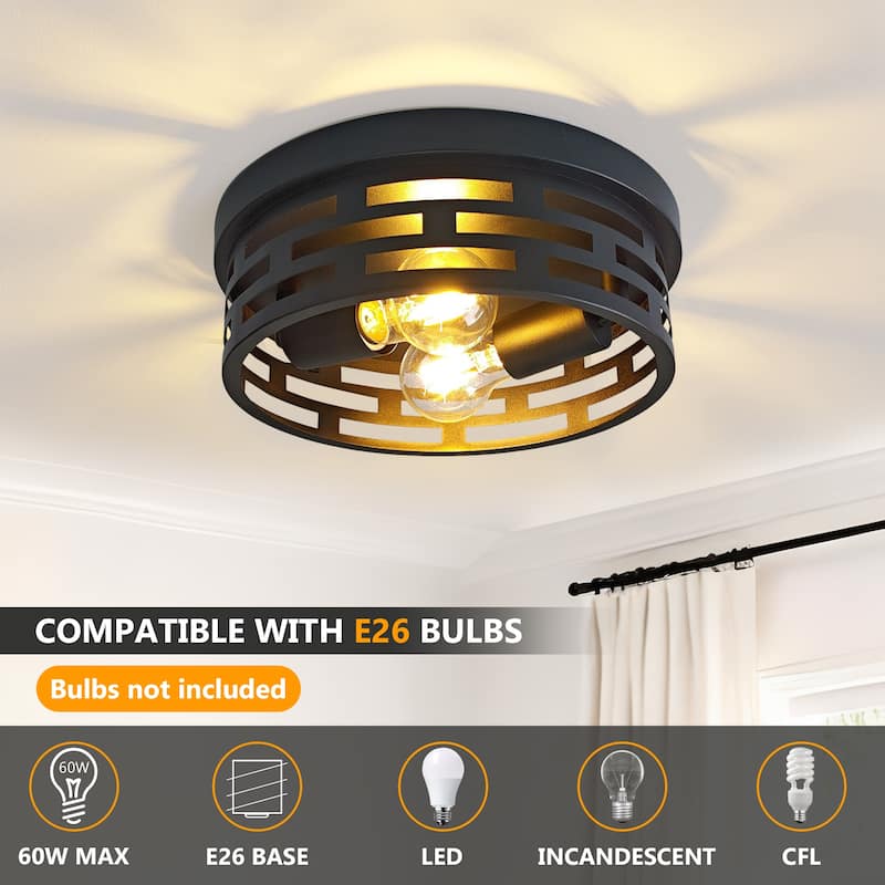 2-Light Industrial Flush Mount Ceiling Light, Black Metal Cage, E26 ...