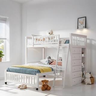 Wooden Twin over Full Bunk Bed Frame with 6-Drawers and 3-Flexible ...