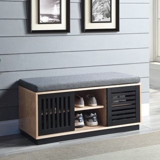 Entryway Bench with Cushioned Seat, Sliding Door Shelves - Bed Bath ...