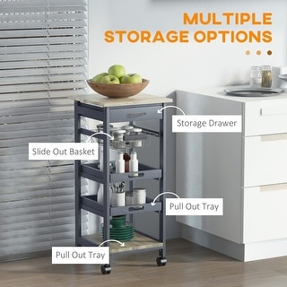 Grey Kitchen Trolley Kitchen Island Bar Cart with Slide-Out Basket ...