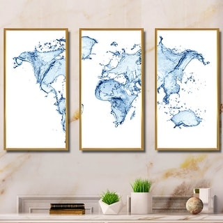 Designart "World Map Water Splash" Maps & Flags Framed Art Prints Set ...