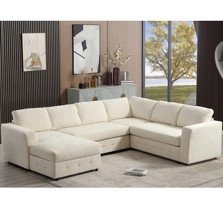 Modern U Shaped Sectional Sofa with Crystal Button Accents and Hidden Chaise Storage for Living ...
