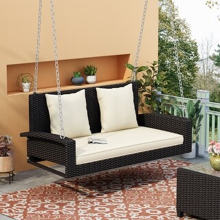 2-Person Wicker Hanging Porch Swing with Chains,Cushion,Pillow - Bed Bath & Beyond - 39070528