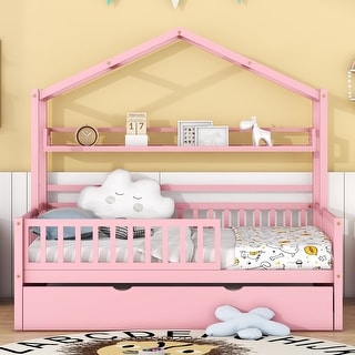 Wooden Full Size Pink House Bed with Twin Size Trundle and Shelf - Bed ...
