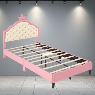 Princess Crown Headboard Bed with Tufted Upholstery, Soft PU Leather ...
