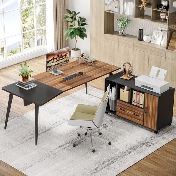 Executive Desk L shape Office Desk with Drawers File Cabinet, L Shaped ...