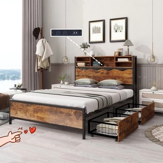 Full / Queen Size Rustic Storage Bed Frame with Bookcase Headboard with Power Outlets, 2 Under ...