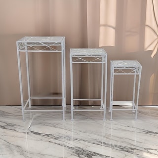 Kyi Nesting Plant Stand Set of 3, Square Carved Cutout Display, White ...