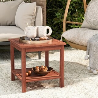 2-Tier Acacia Wood Patio Side Table with Slatted Tabletop and Shelf ...