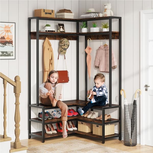 L-Shaped Hall Tree with Shoe Bench, Entryway Corner Coat Rack with Shoe ...