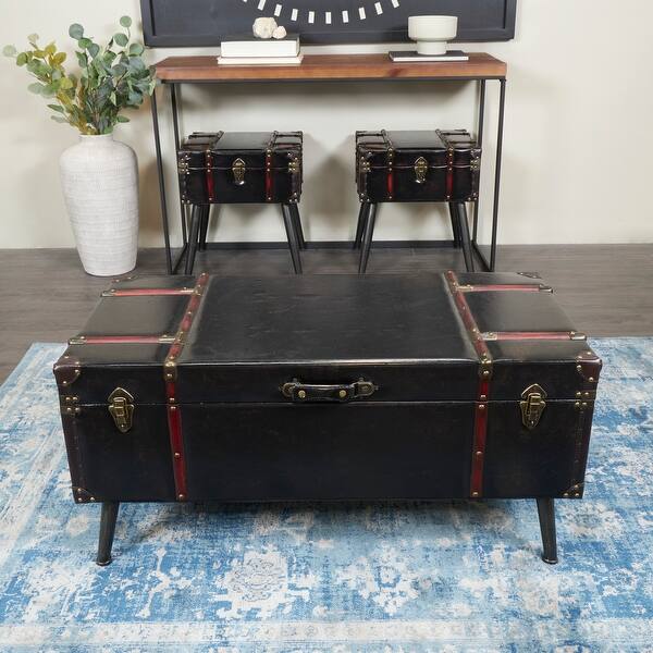 Black Faux Leather Studded Coffee Table with Latches and Handles (Set ...